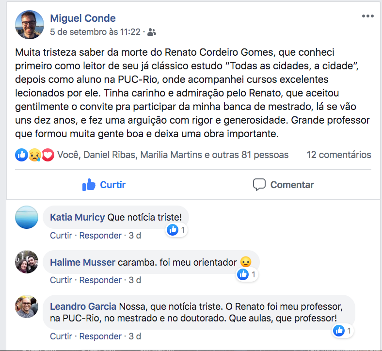 PUC-RJ em Luto pelo Mestre Renato Cordeiro Gomes | Marcos Pedrosa de Souza